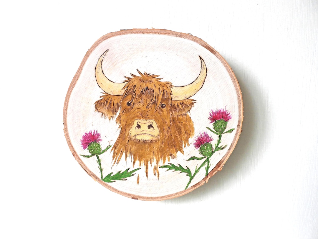 Highland Cow and Thistles, Pyrography, Cow Plaque, Thistles, Birch Wood ...