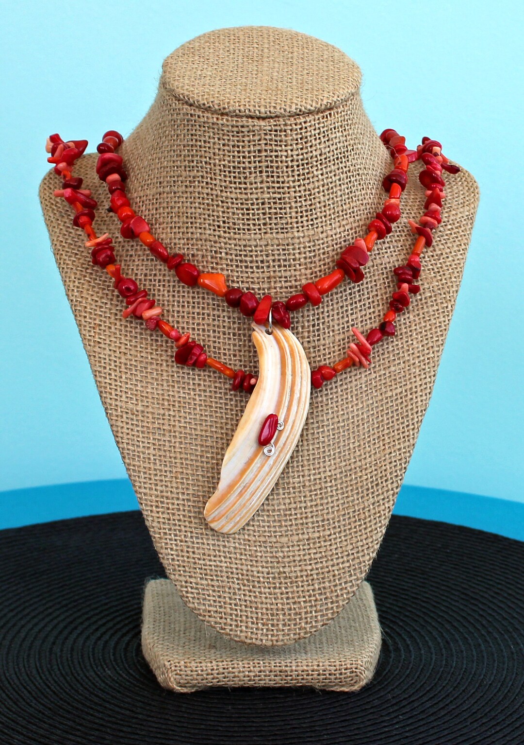 Seashell Pendant Necklace: Double Strand Coral Beads, Beach Jewelry - Etsy