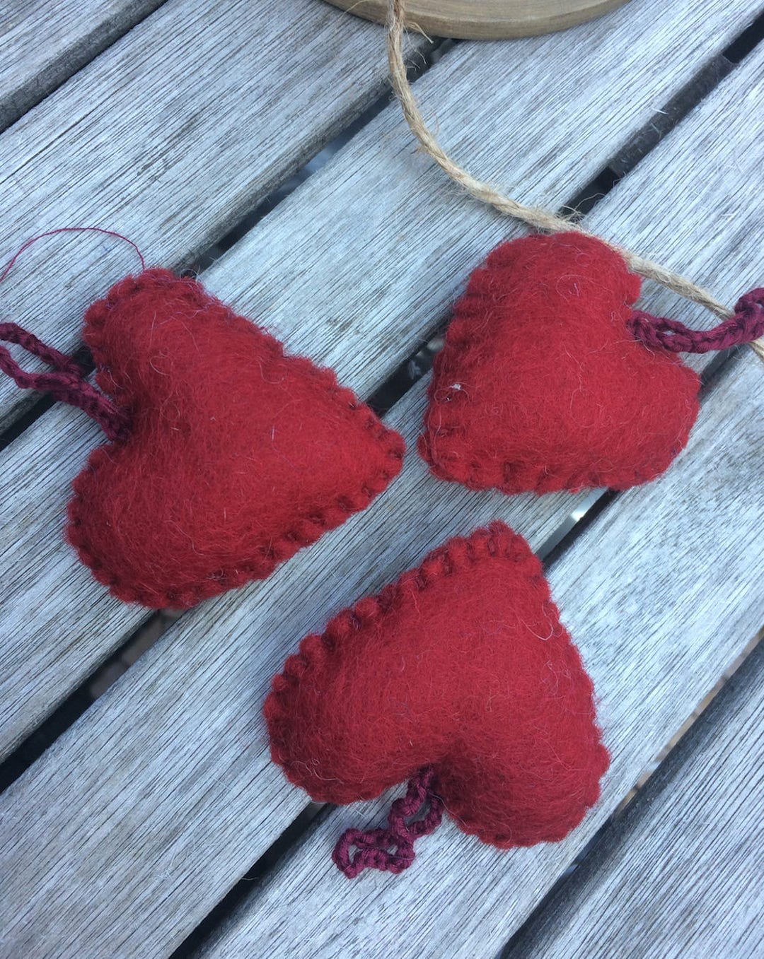 3 Red Wool Hearts, Hand Felted, With a String, Christmas , Love, FREE ...