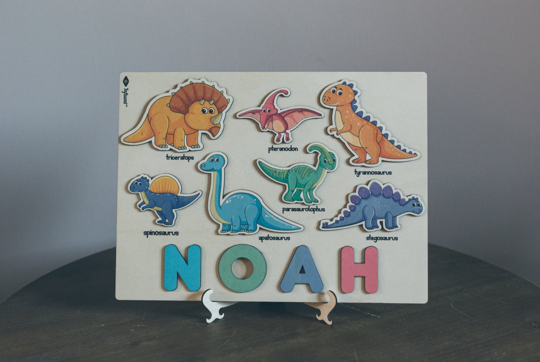 Dinosaurs Wooden Name Puzzle With Shapes and Numbers - Baby Name Sign ...