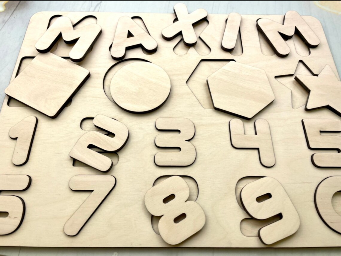 Wooden Name Puzzle With Shapes and Numbers - Baby Name Sign - Shapes ...