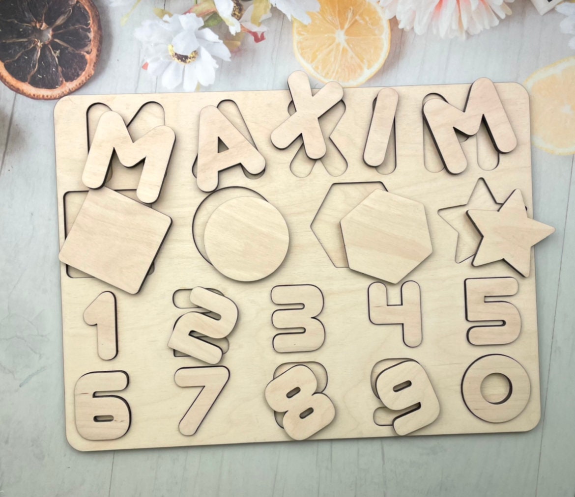 Wooden Name Puzzle With Shapes and Numbers - Baby Name Sign - Shapes ...