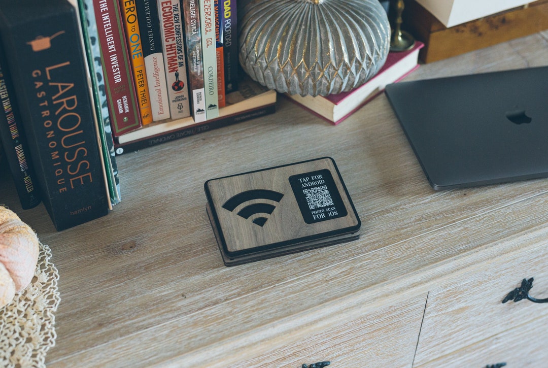 NFC Wifi Tag - Walnut Wood Wifi Auto Connect Sign - Tap to Join Guest ...