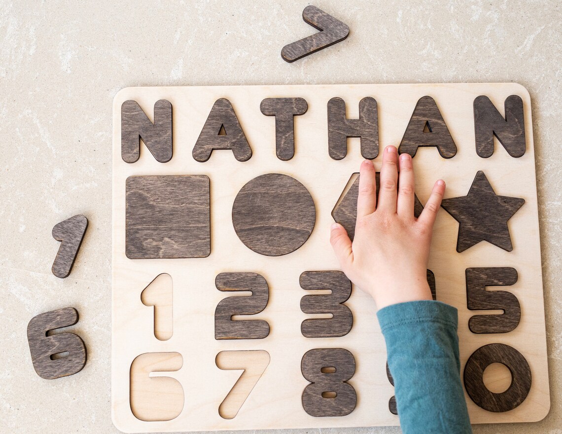Wooden Name Puzzle With Shapes and Numbers - Baby Name Sign - Shapes ...