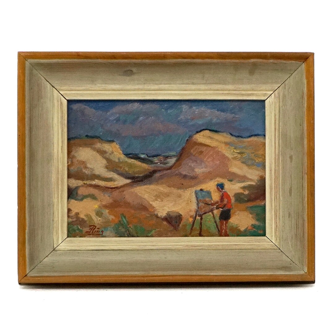 Vintage 1940s Danish Coastal Landscape Painting 'artist at the Easel ...