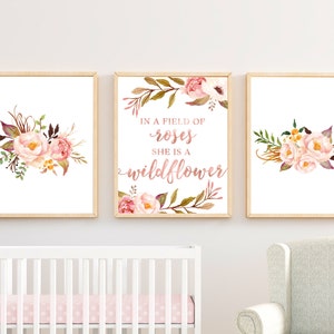 Nursery Print Set in A Field of Roses She is A Wildflower Girl Nursery ...