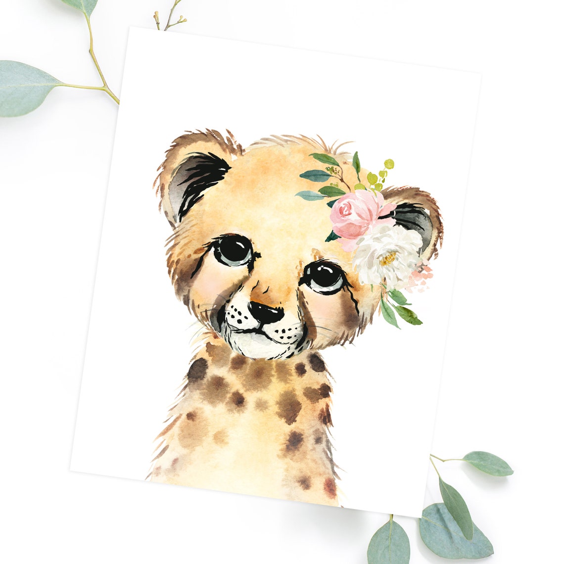 Watercolor Baby Cheetah Print – Floral Crown, Nursery Art (digital ...