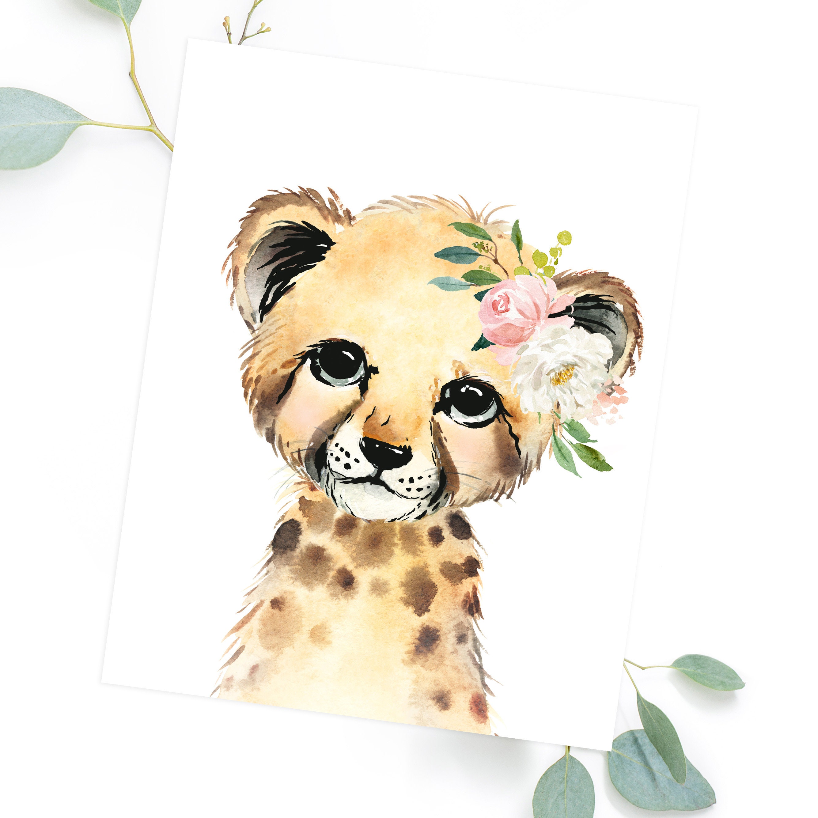 Watercolor Cheetah Painting With Flower Crown - Floral Cheetah Wall Art ...