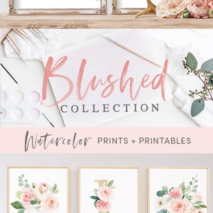 Set of 2 Blush Pink and Mint Watercolor Floral Bouquet Paintings ...