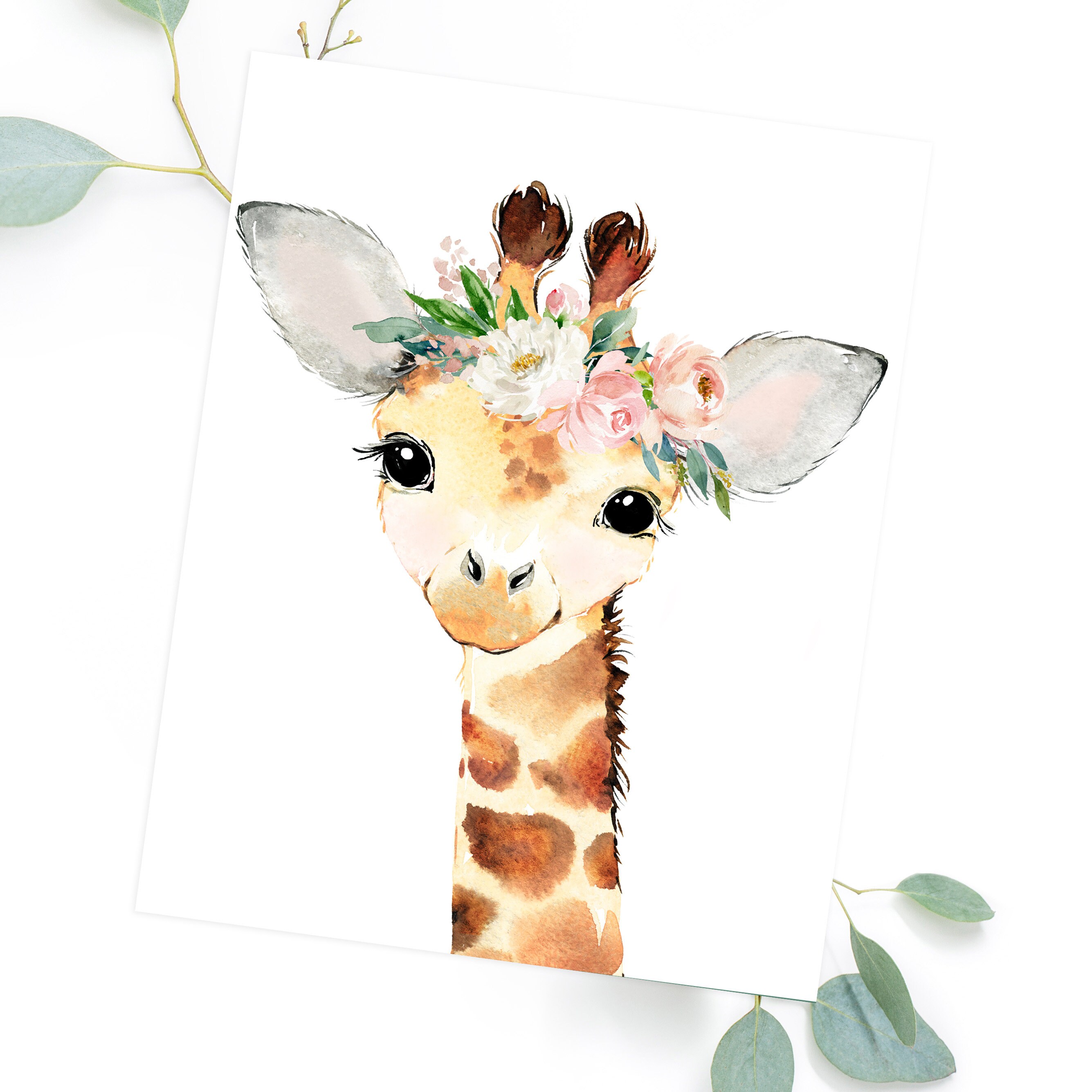Watercolor Giraffe Painting With Flower Crown - Giraffe Art Print or ...