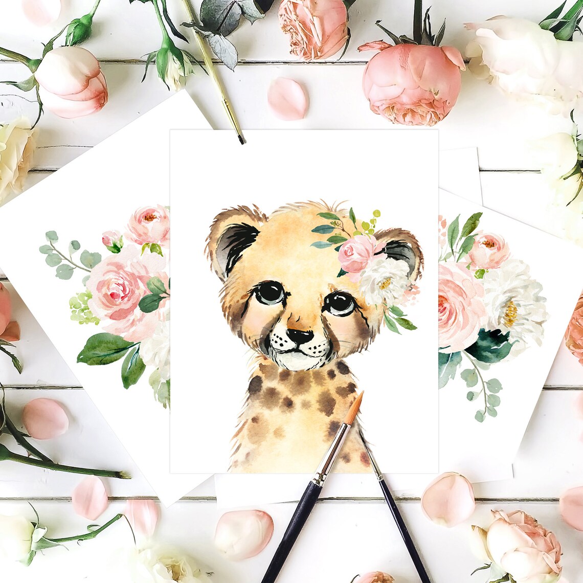 Watercolor Baby Cheetah Print – Floral Crown, Nursery Art (digital ...
