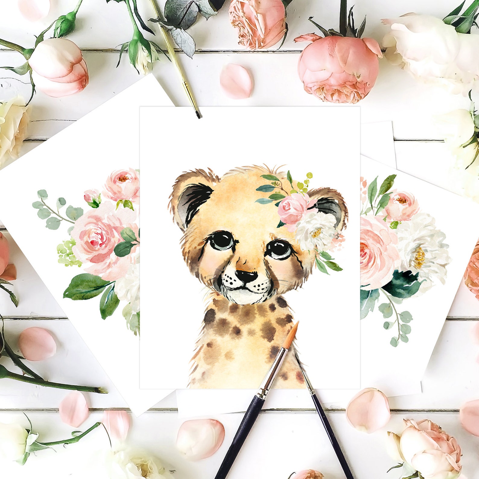 Watercolor Cheetah Painting With Flower Crown - Floral Cheetah Wall Art ...