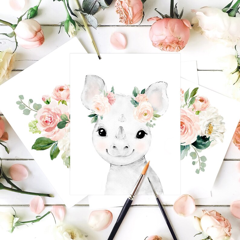 Watercolor Rhino Painting With Flower Crown Floral Rhino | Etsy