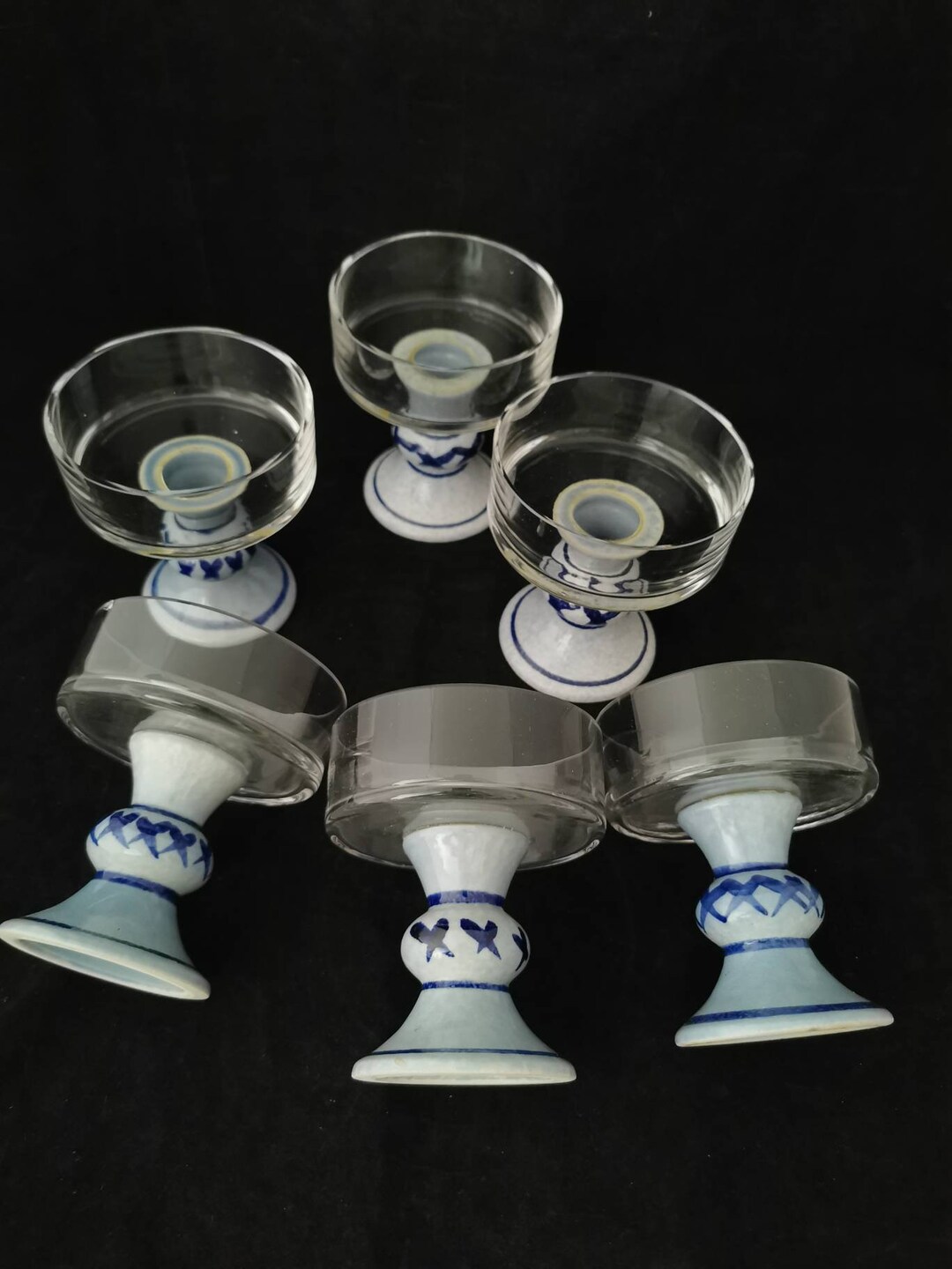 Sgrafo Dessert Bowls for 6 People Handmade Blue Ceramic and Glass Salt Glaze 70s Westerwald ...