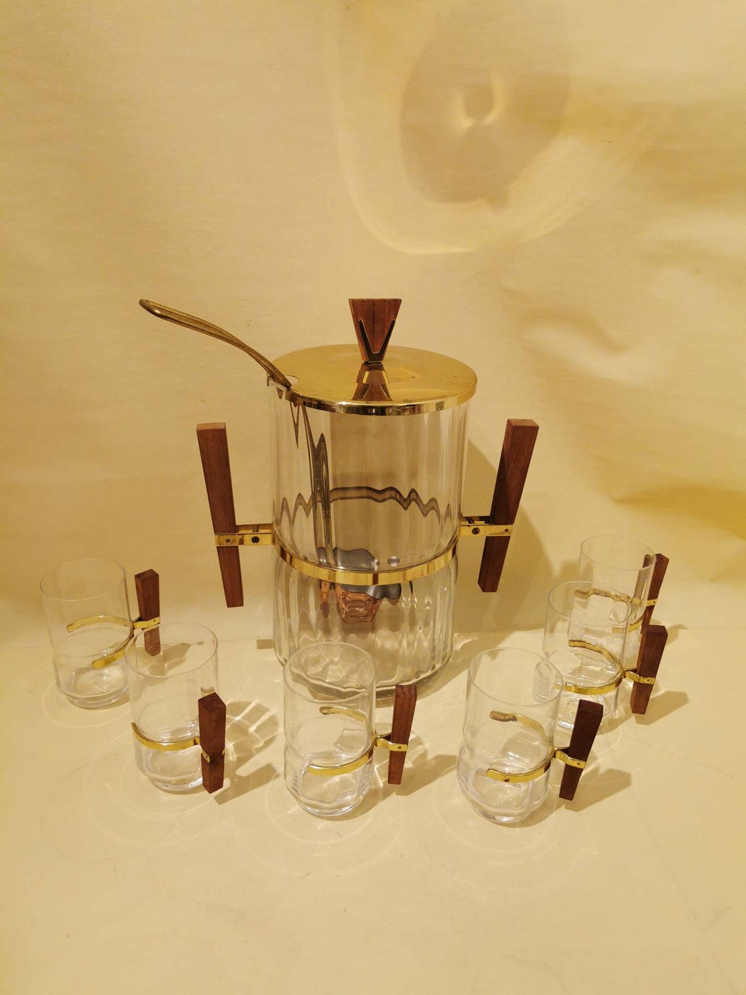 50s Bowl Set Glass Design Grog Teak Punch Brass Vintage Glasses Rarity ...