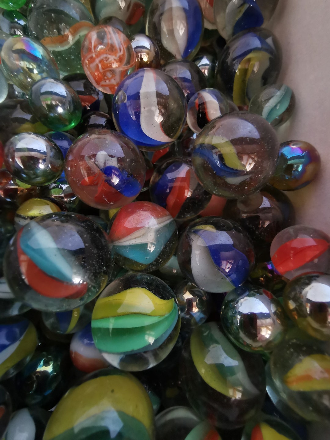 Lot de billes, billes de verre, 2,6 kg, vintage, différentes tailles et ...