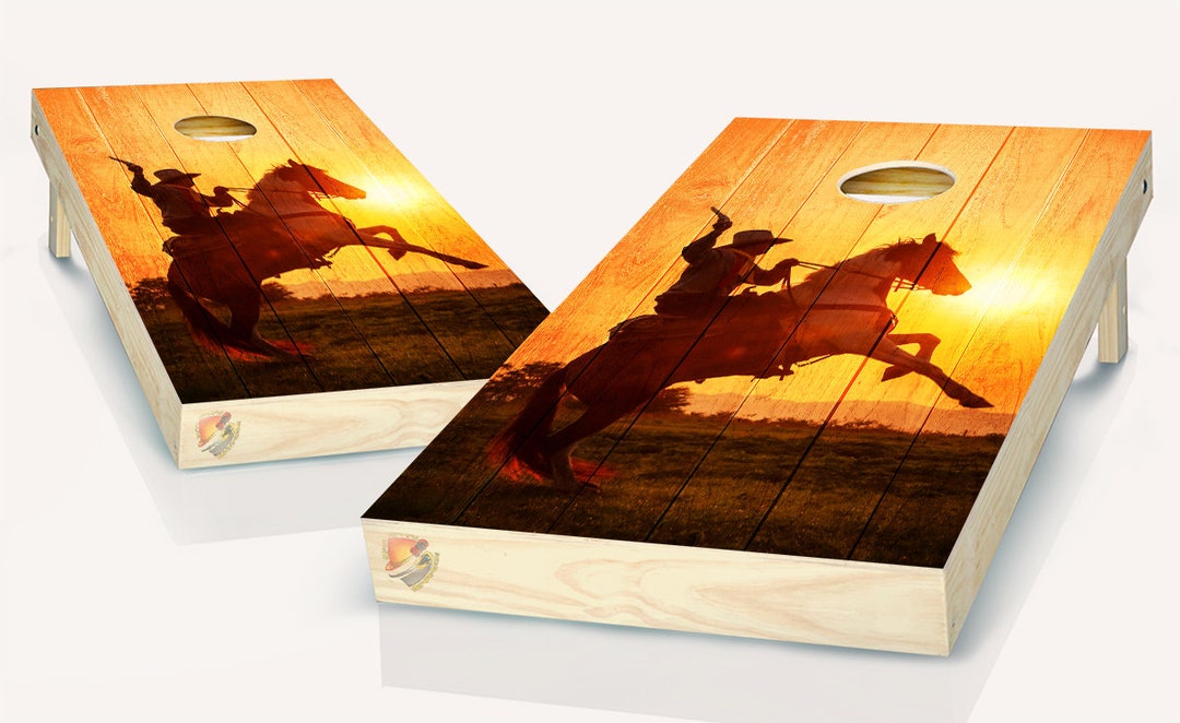 Cowboy Galloping Sunset Cornhole Board Vinyl Wrap Laminated Sticker Set ...