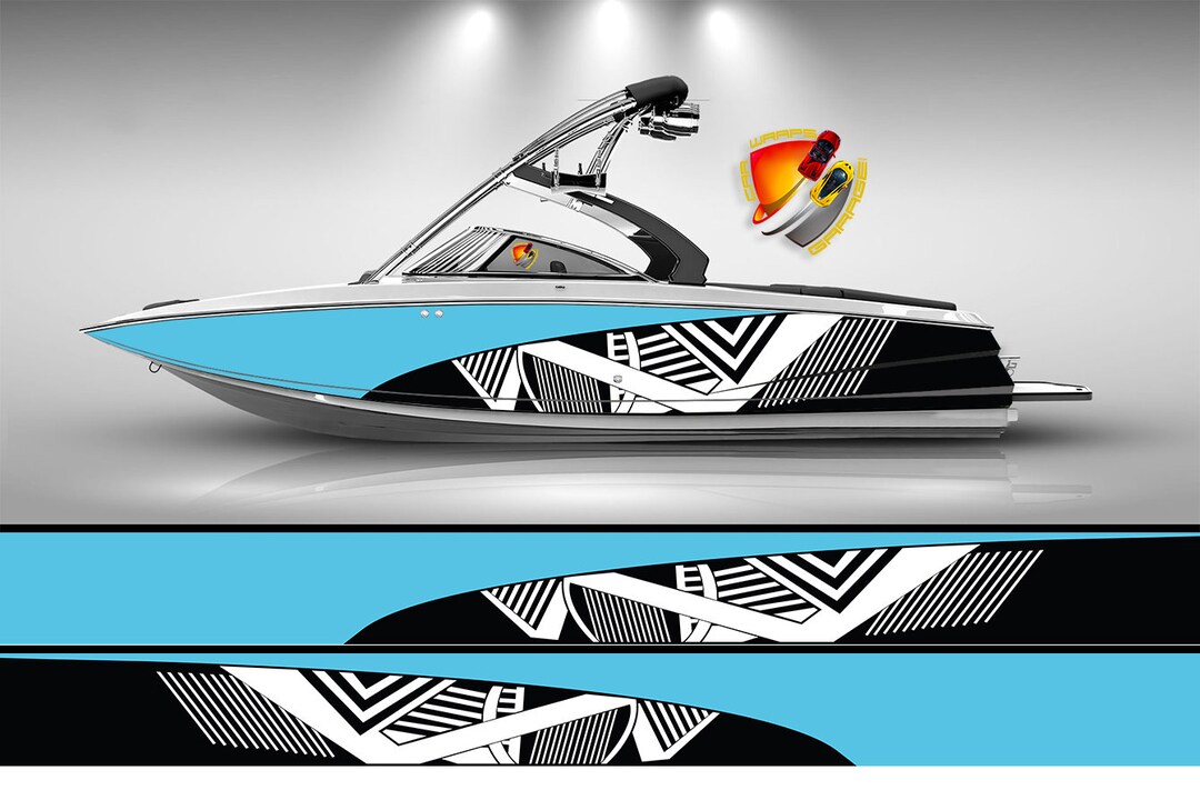 Light Blue & White Modern Lines Graphic Vinyl Boat Wrap Decal Fishing ...