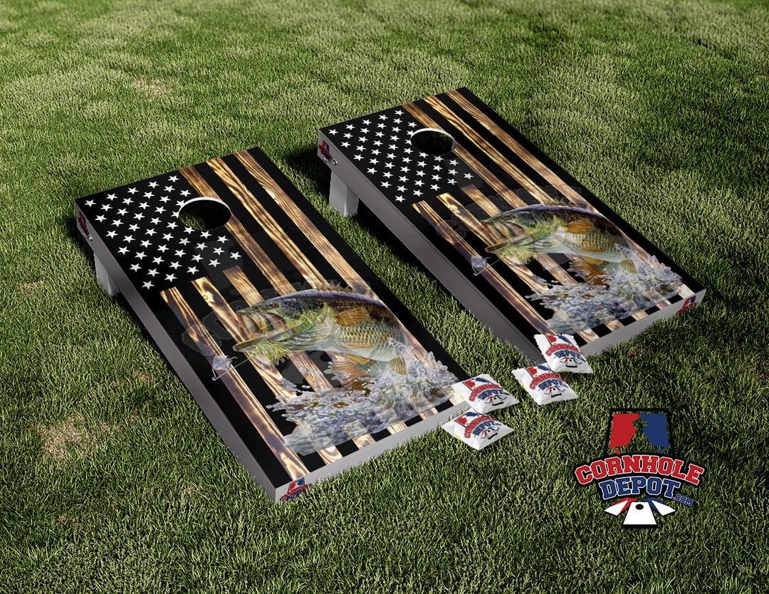 American Flag Seabass Burn Wood Cornhole Board Vinyl Wrap Skins ...
