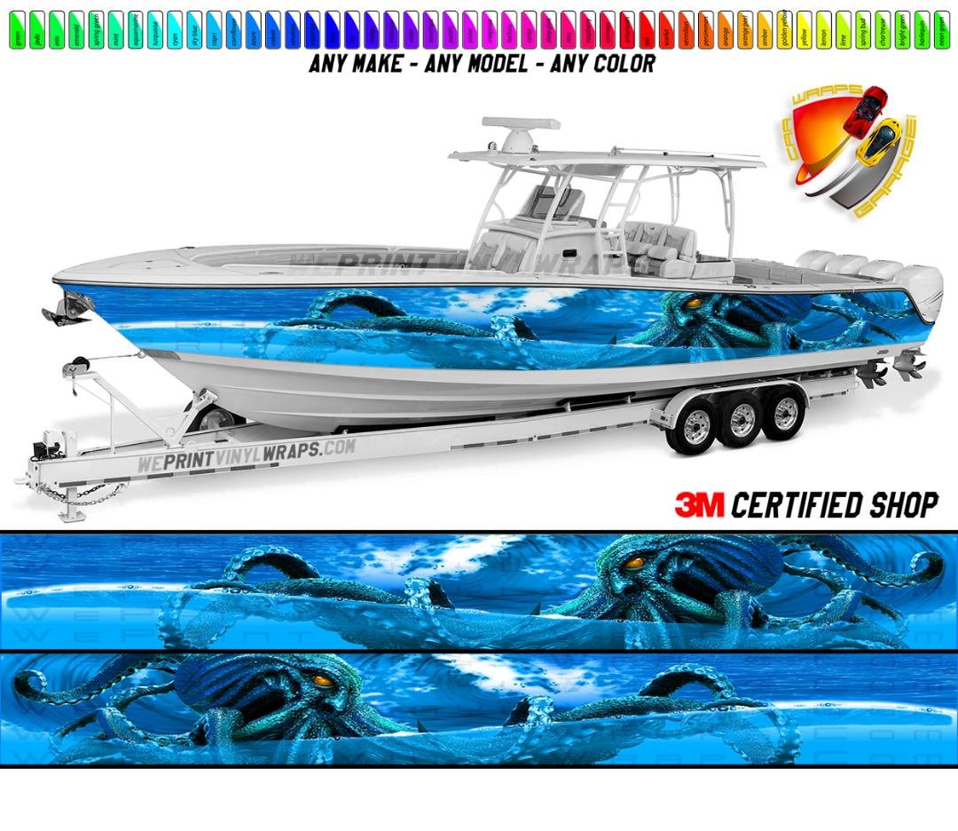Octopus Light Blue Ocean Graphic Boat Vinyl Wrap Fishing Pontoon Sea ...