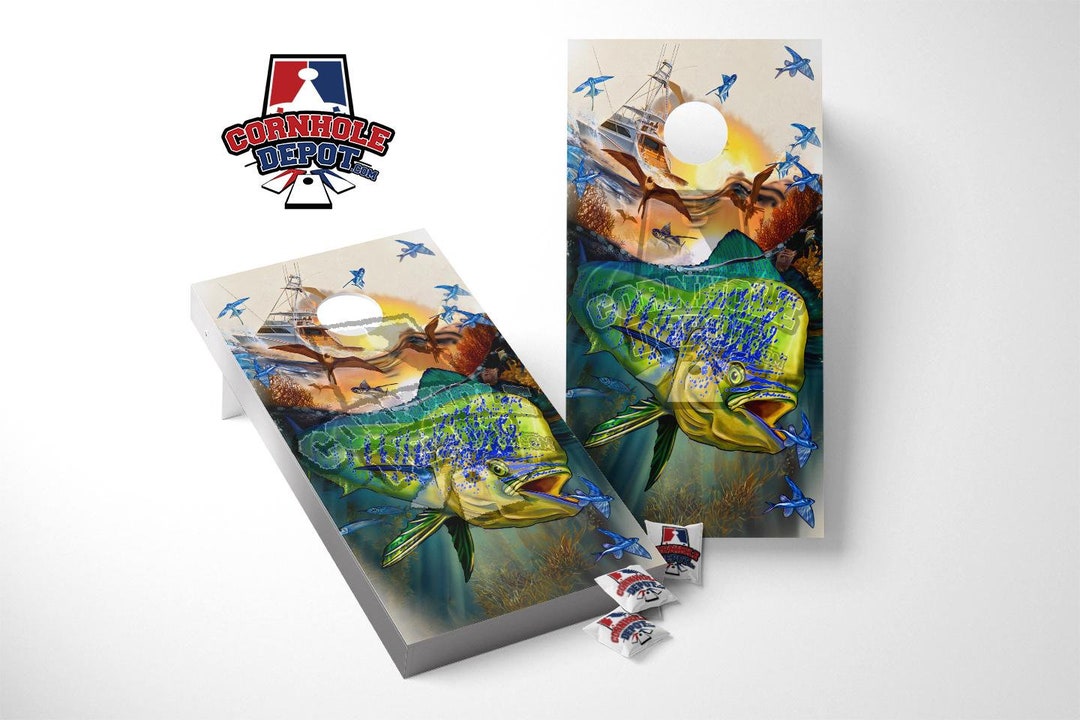 Mahi Mahi Fish Boat Cornhole Board Vinyl Wrap Skins Laminated Set Decal ...