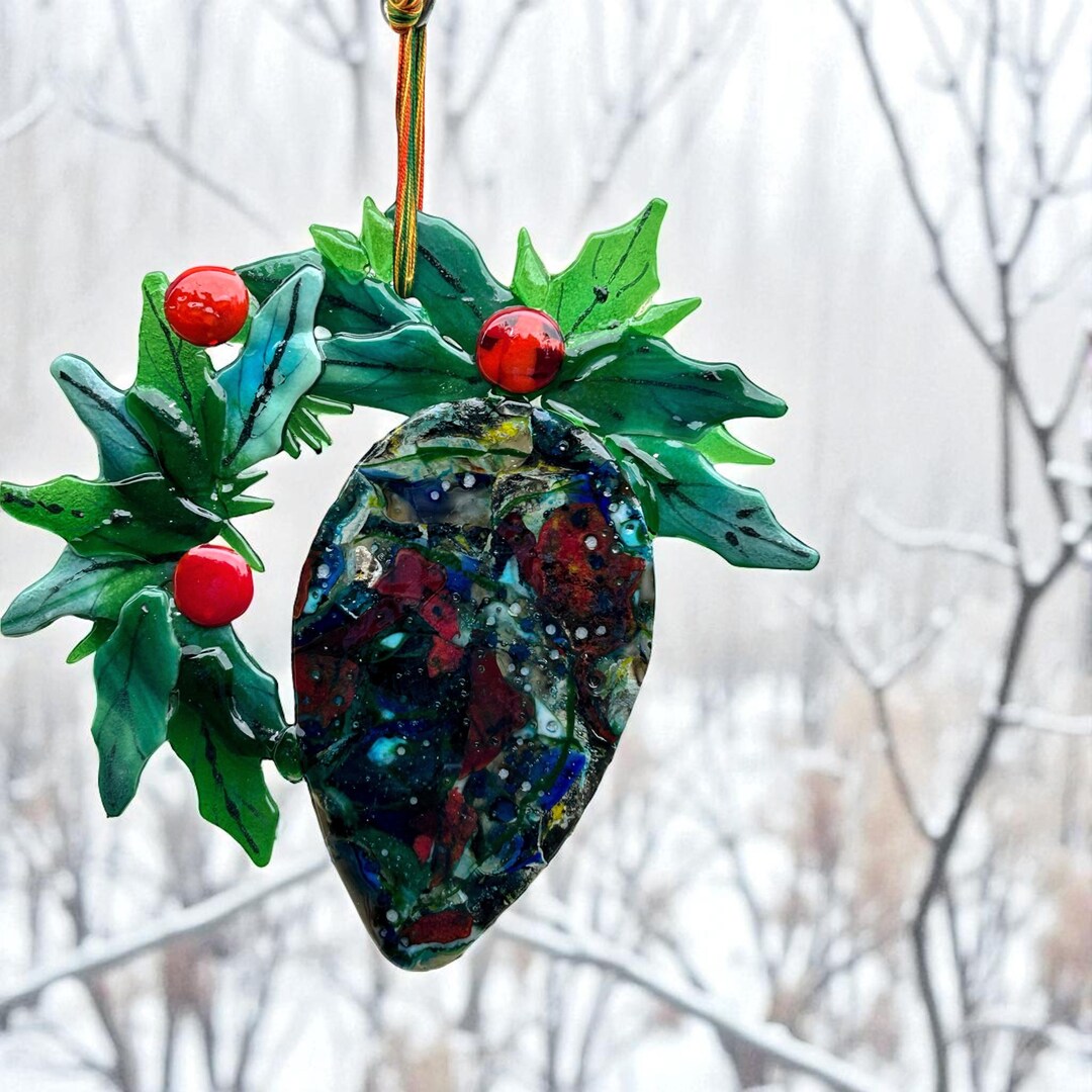 Cones and Holly/glass/fusing/tree Decoration/unique/ornament/window ...