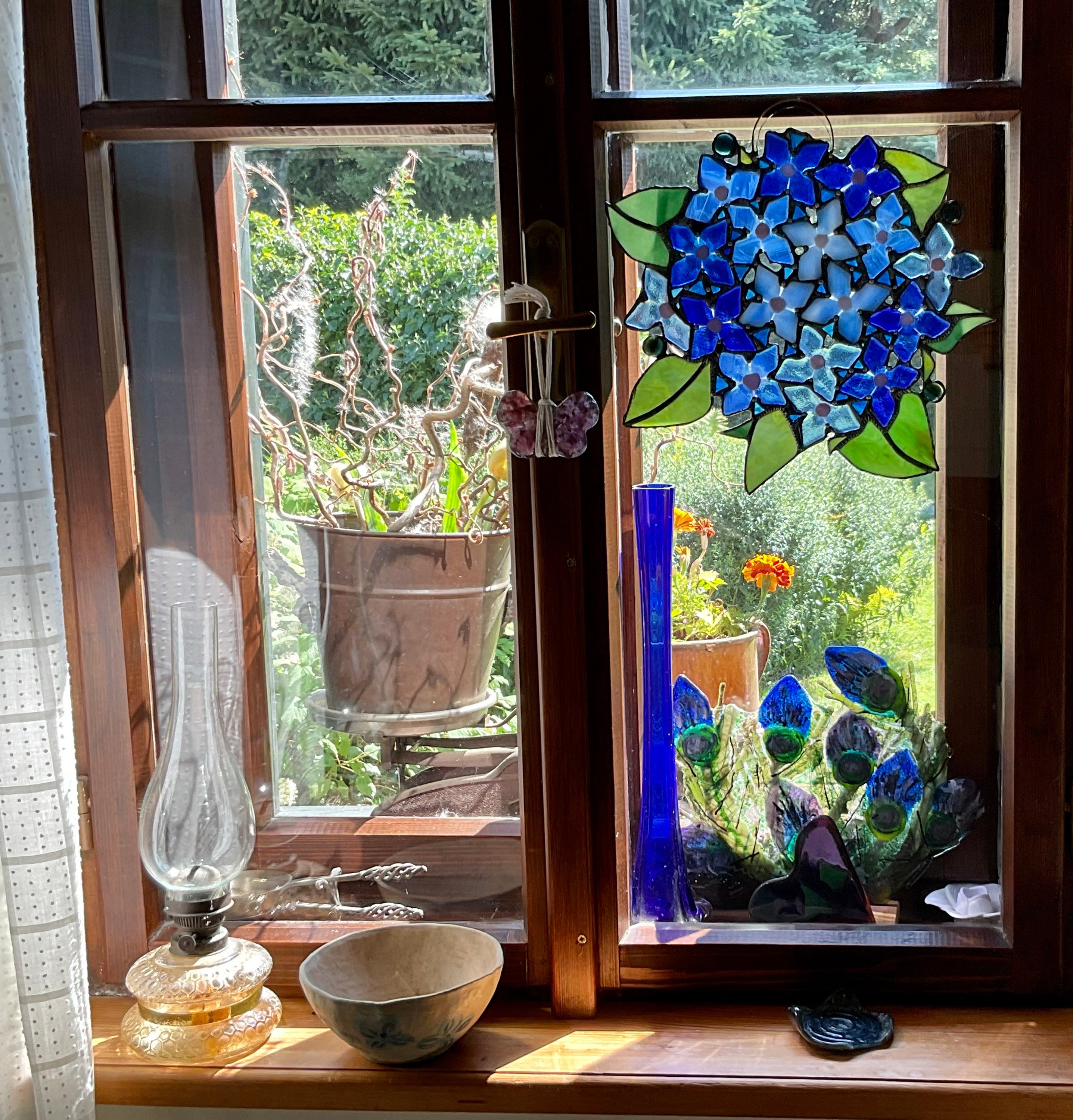 Hortensien/Blüten in Blau/ Glas Kranz/ Tiffanytechnik / - Etsy.de