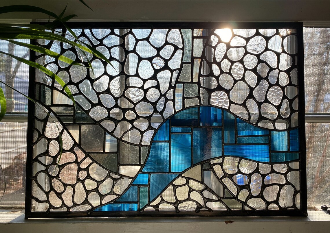 Large Abstract Stained Glass Panel Blue and Clear Leaded - Etsy