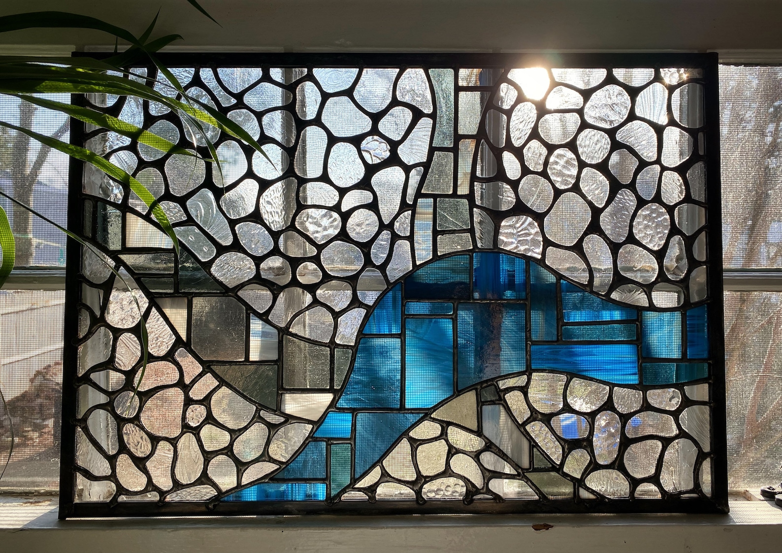 Large Abstract Stained Glass Panel, Blue and Clear Leaded Glass Window ...