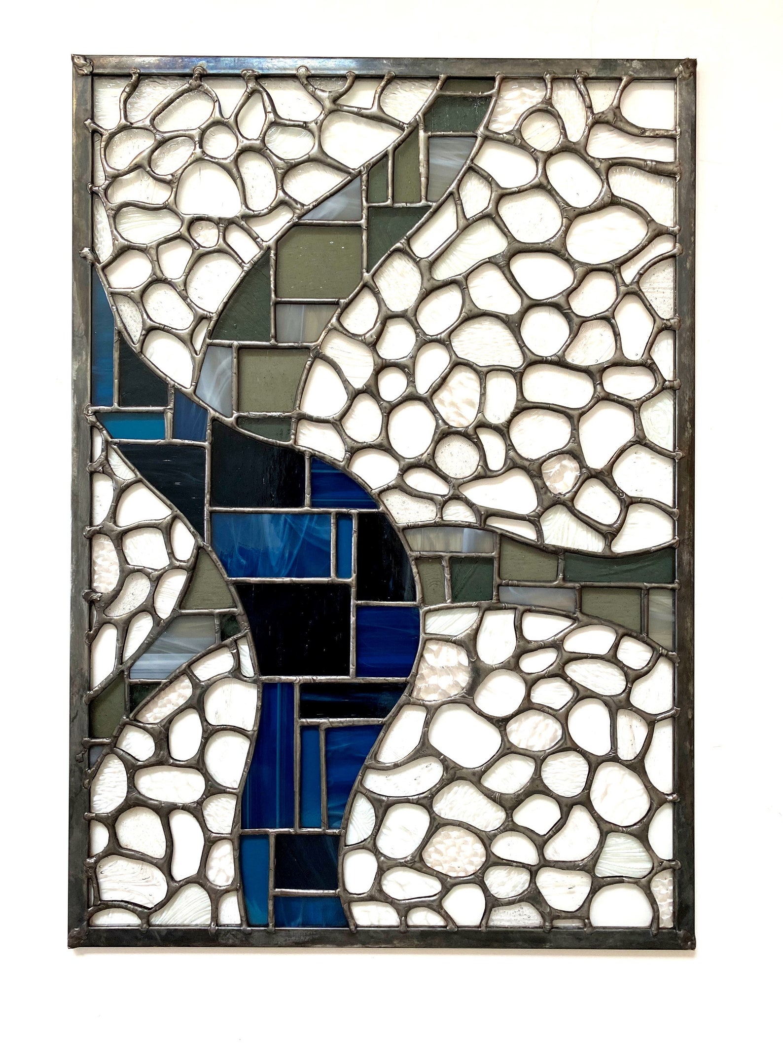 Large Abstract Stained Glass Panel, Blue and Clear Leaded Glass Window ...