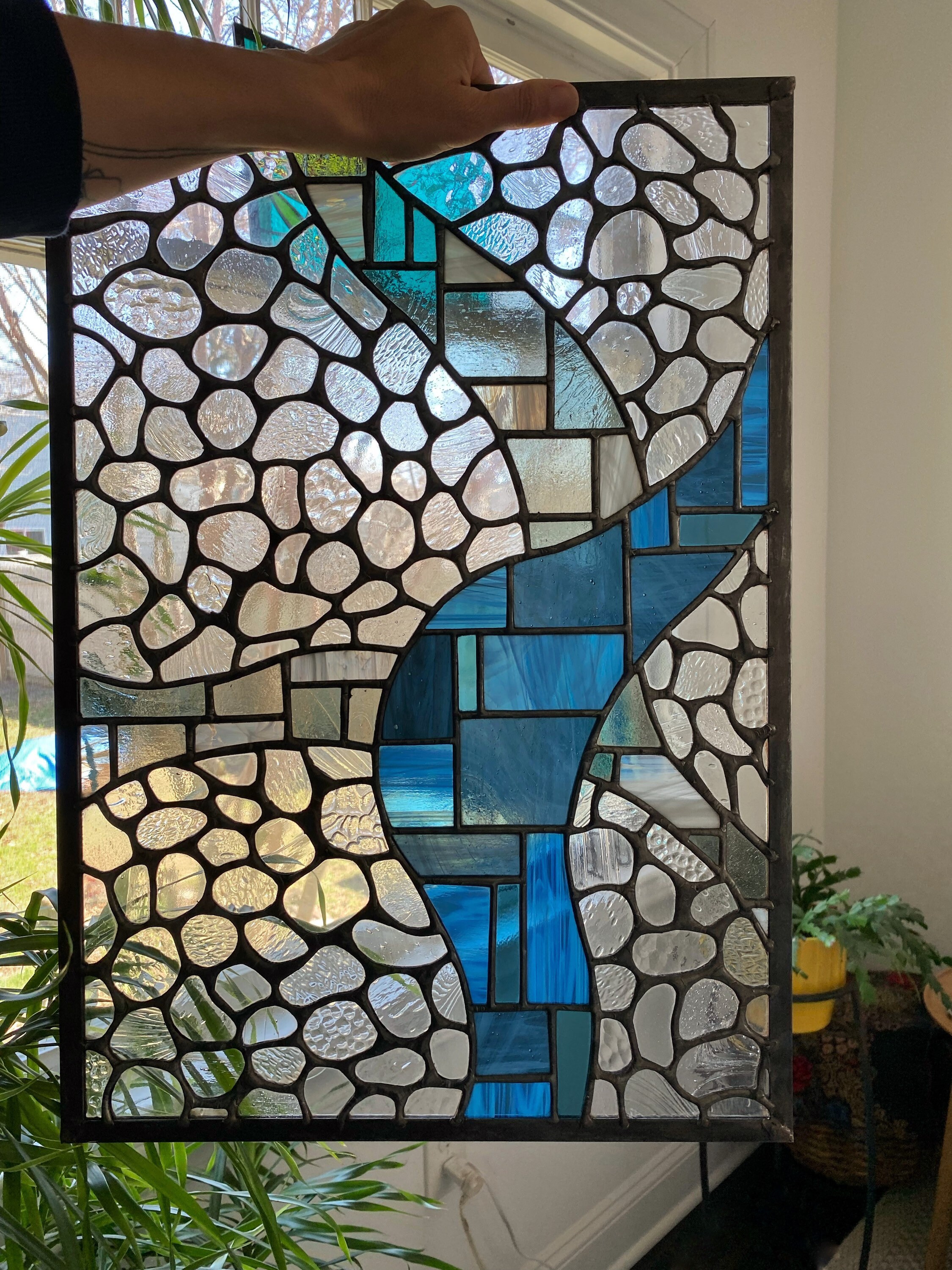 Large Abstract Stained Glass Panel, Blue and Clear Leaded Glass Window ...