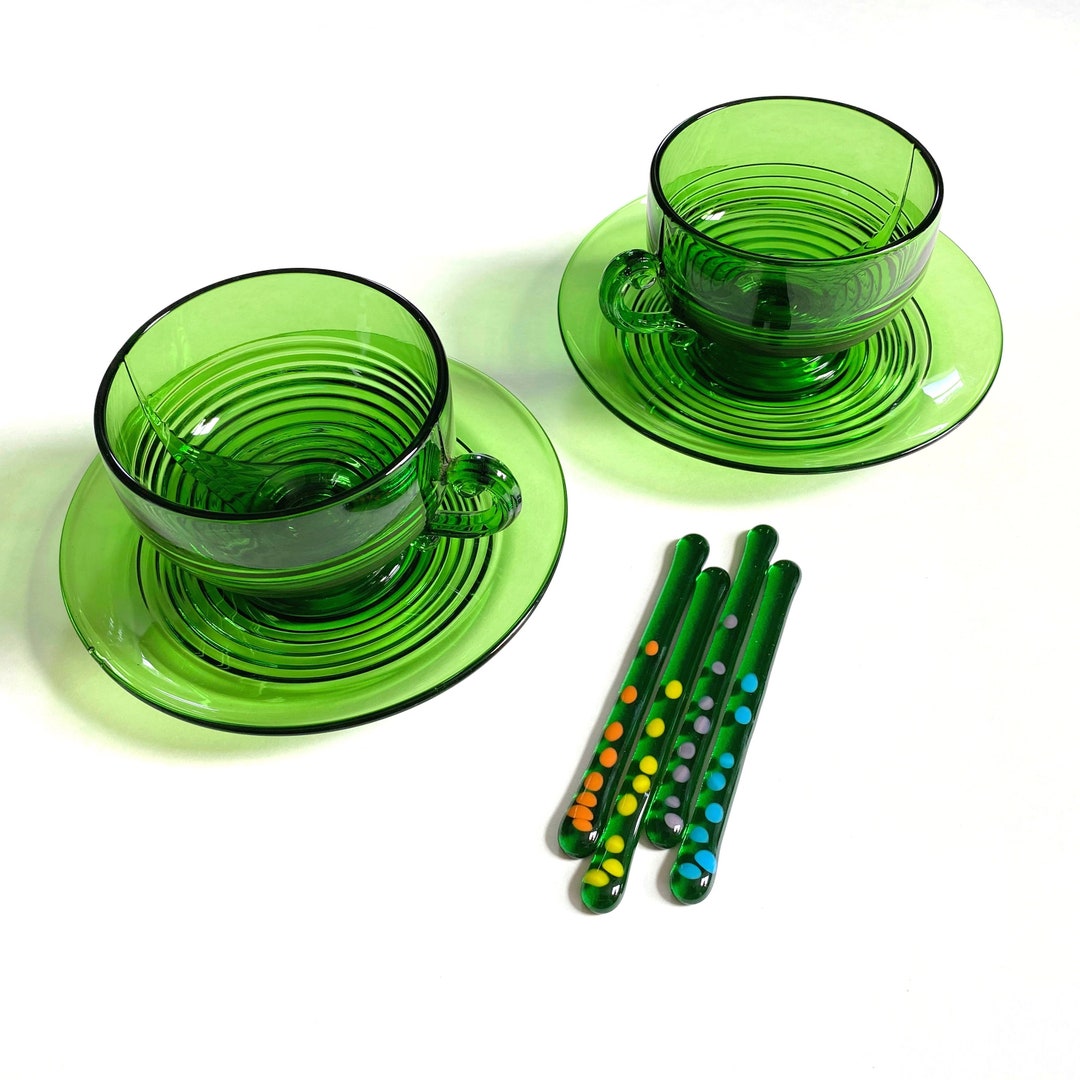 Vintage Tea Cups With Handcrafted Glass Swizzle Sticks Tea Lover T Set Green Glass Tea Cups