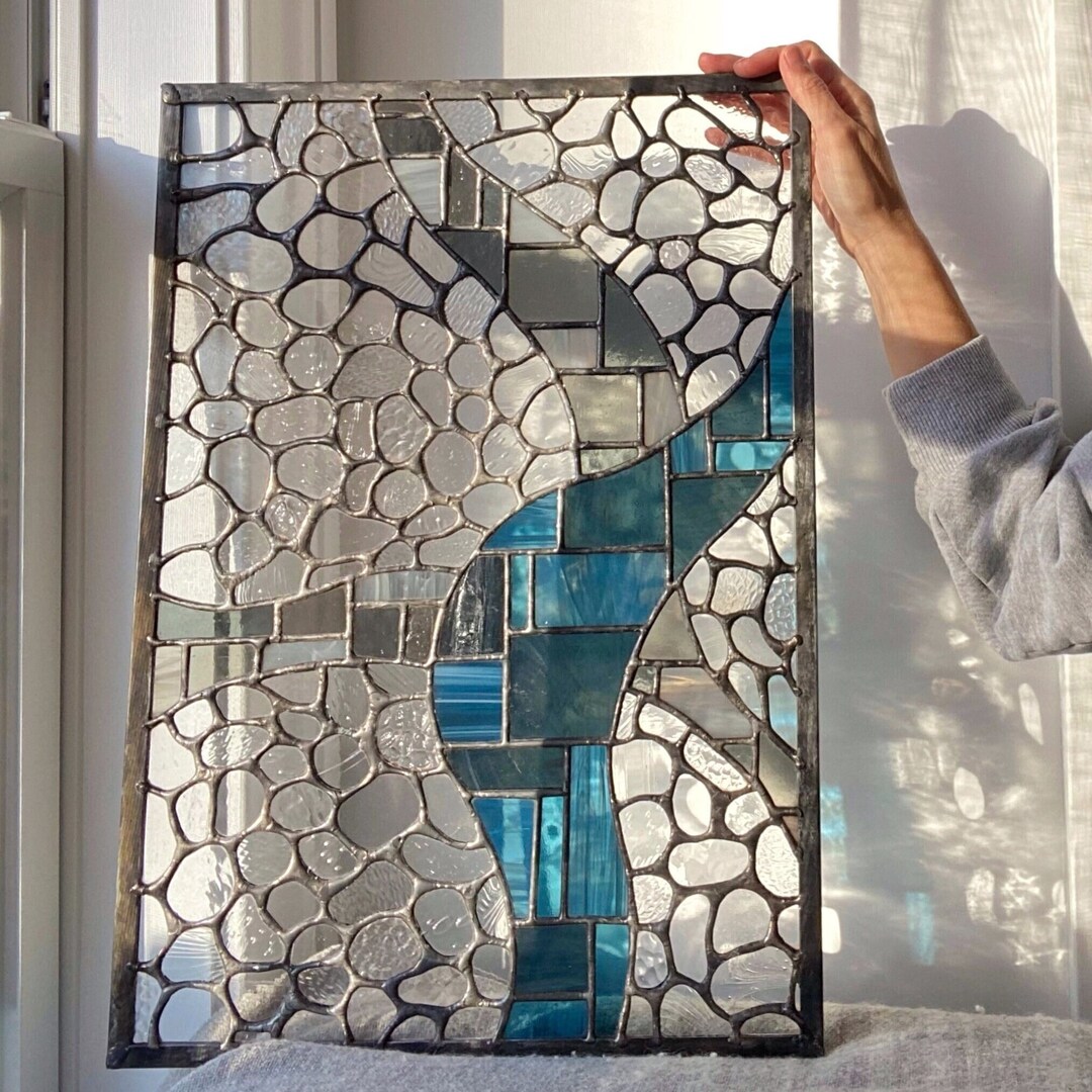 Large Abstract Stained Glass Panel Blue and Clear Leaded - Etsy