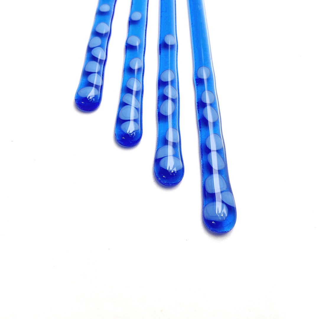 Blue Glass Swizzle Sticks, Set of 4 Cocktail Stirrers, Polka Dot Glass ...