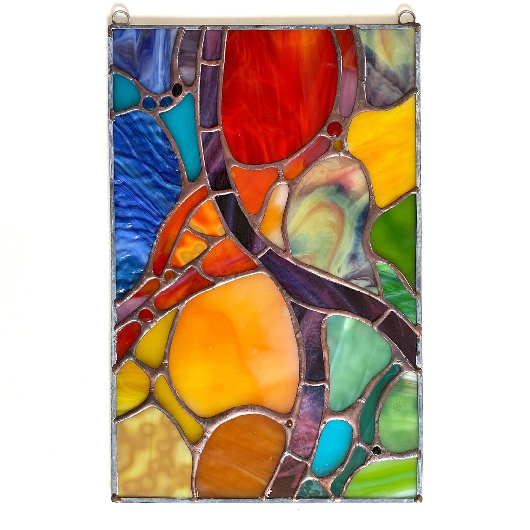 Colorful Modern Stained Glass Panel, Abstract Shapes Glass Art ...