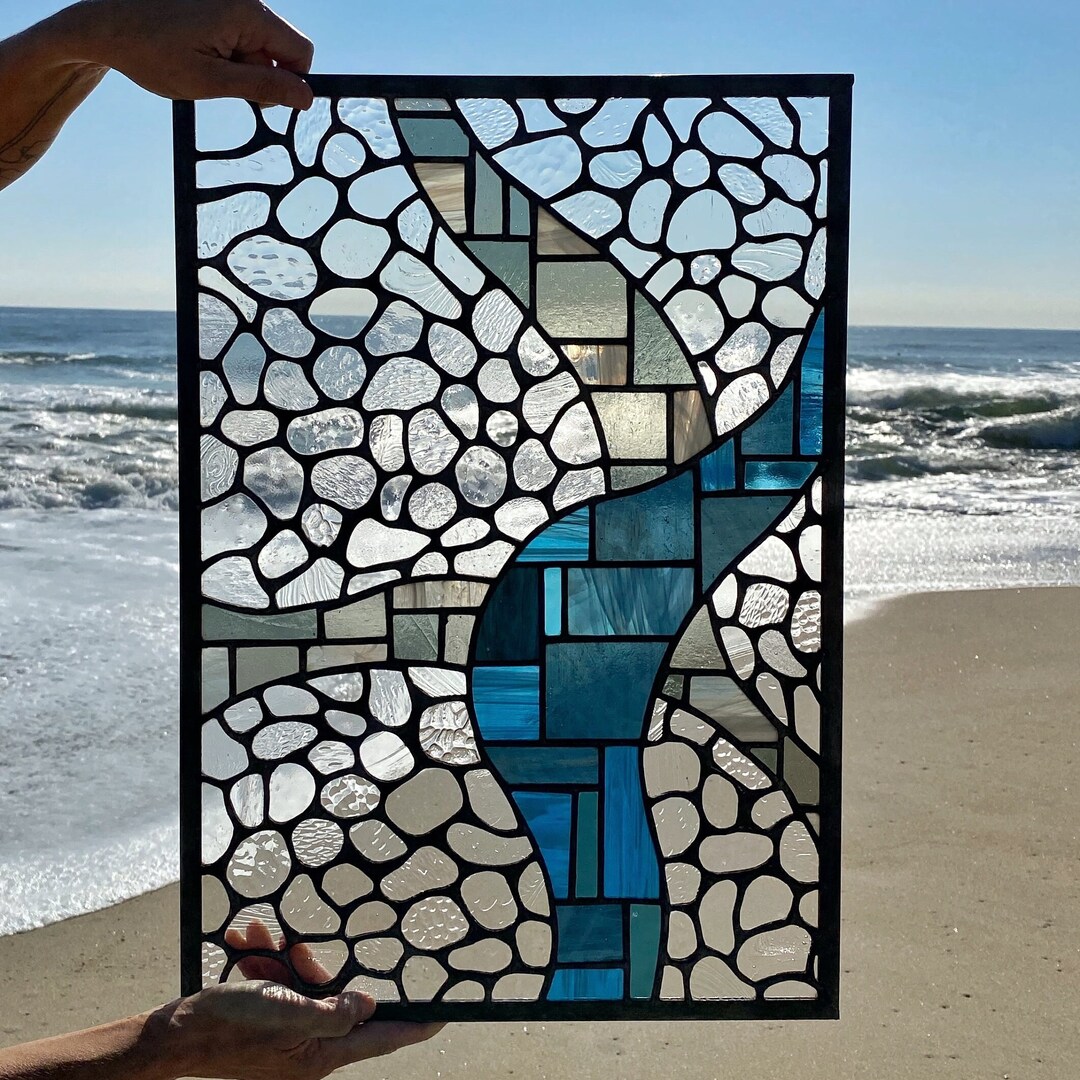 Large Abstract Stained Glass Panel, Blue and Clear Leaded Glass Window ...