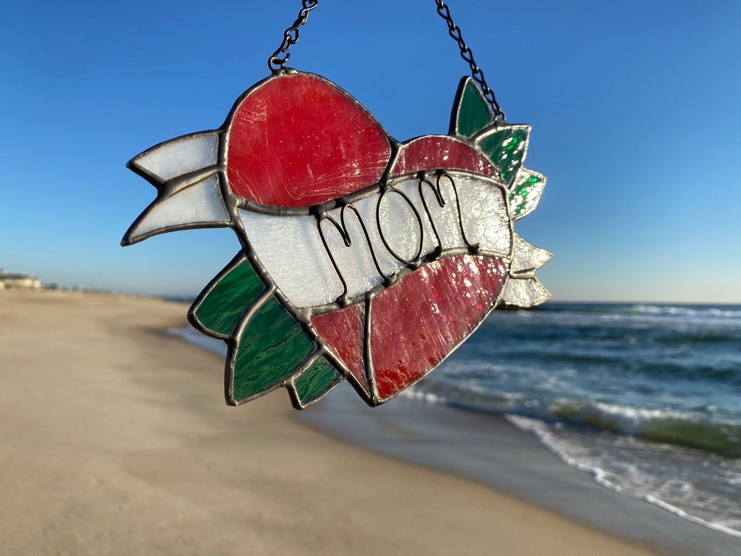 Stained Glass Mom Heart Suncatcher, Classic Old-school Tattoo Art ...