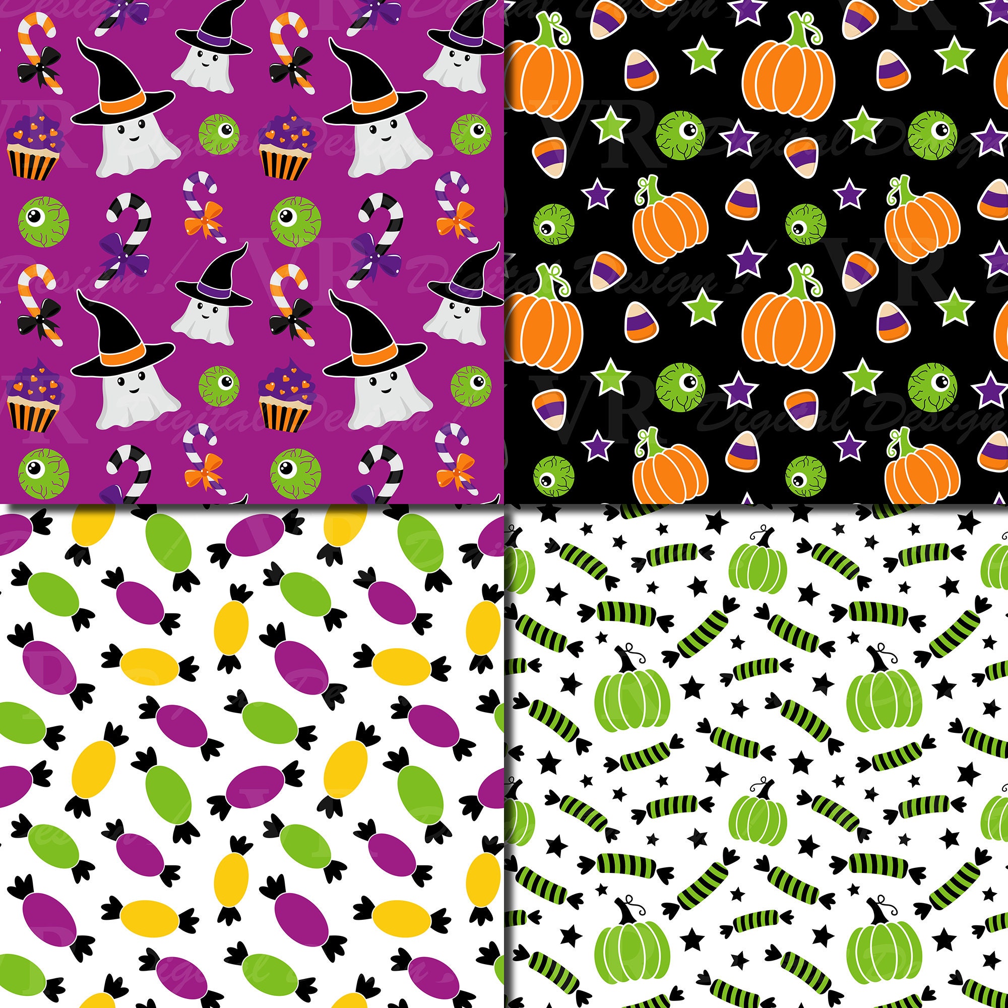 Halloween Digital Paper With Candy Corn, Ghost, Pumpkin, Cute Trick or ...