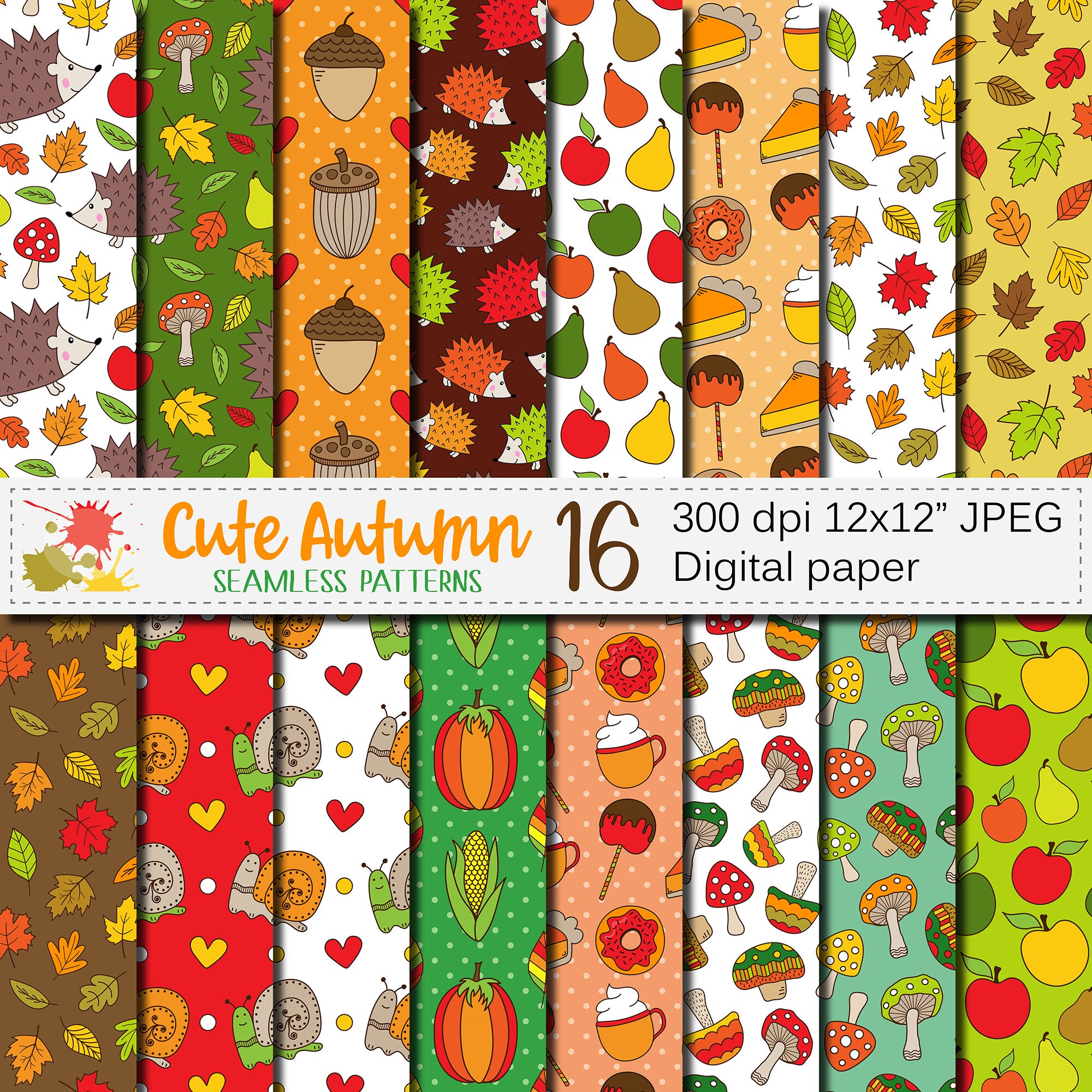 Cute Autumn Digital Paper With Hedgehog, Leaves, Mushroom, Cute Fall ...