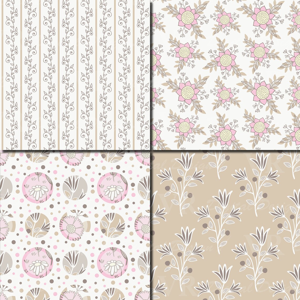 Pink and Brown Floral Digital Paper, Flowers Seamless Pattern, Neutral ...