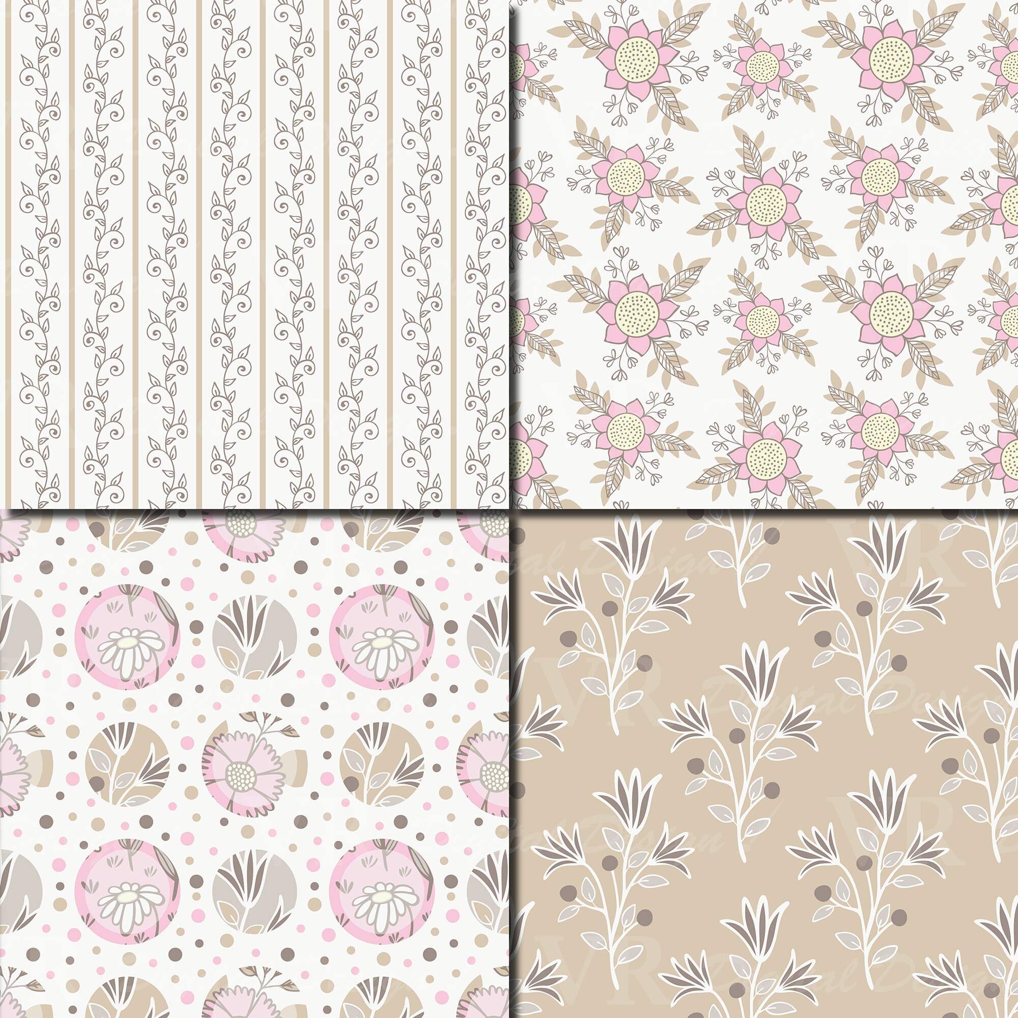 Pink and Brown Floral Digital Paper, Flowers Seamless Pattern, Neutral ...