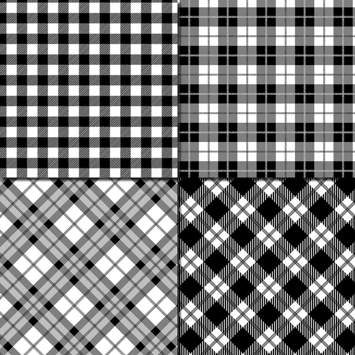 Black and White Plaids Digital Paper, Buffalo Plaid Lumberjack Check ...