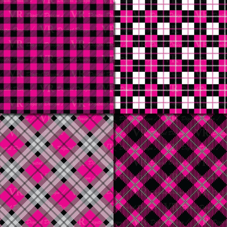 Pink and Black Plaids Digital Paper, Buffalo Plaid Lumberjack Check ...