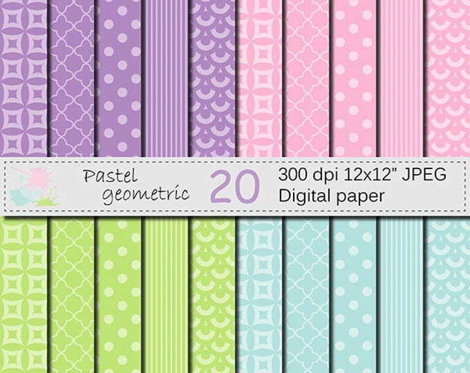 SALE 50% Pastel Geometric Digital Paper Set, Pastel Digital Scrapbook ...