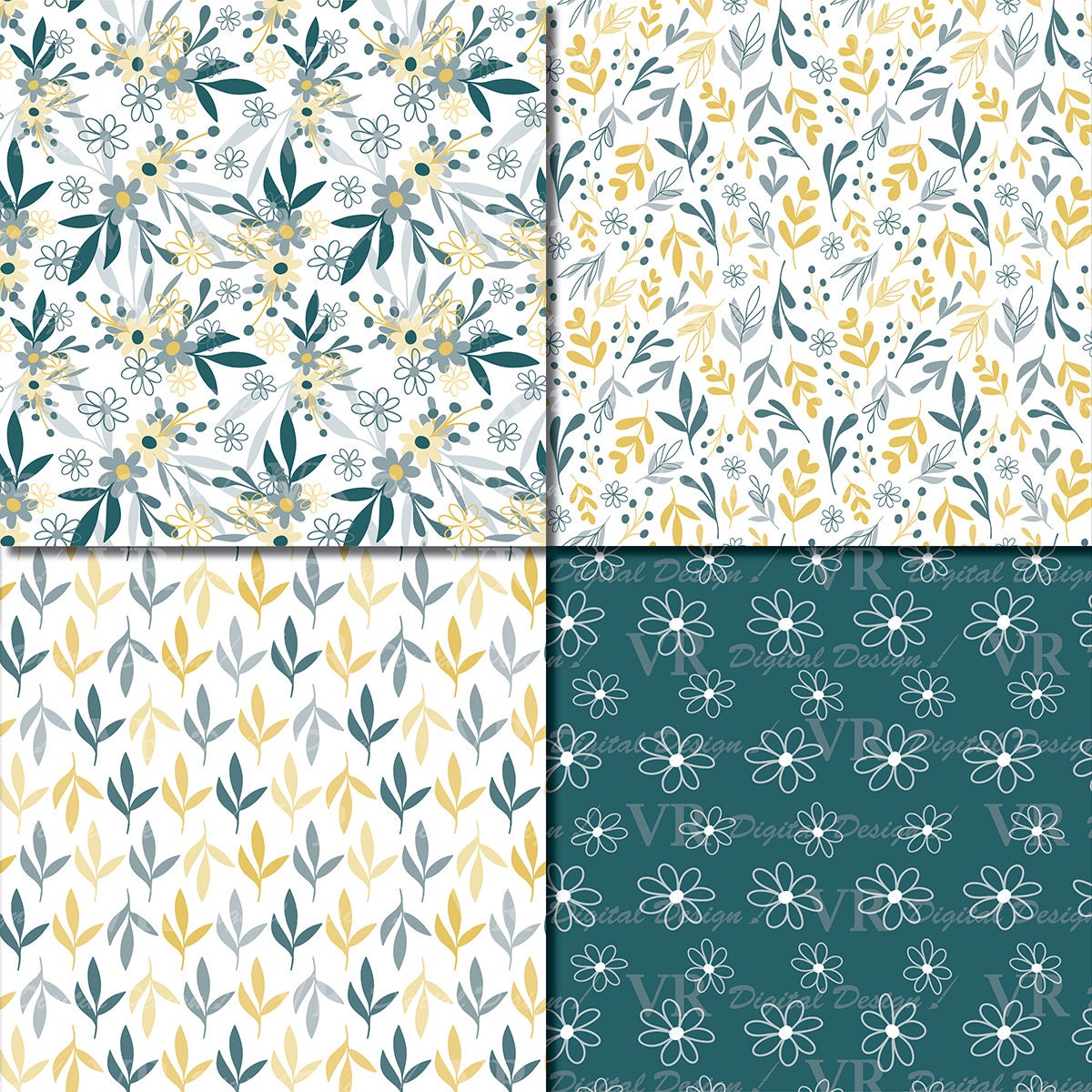 Seamless Green and Yellow Hand Drawn Flowers and Leaves Digital Paper ...