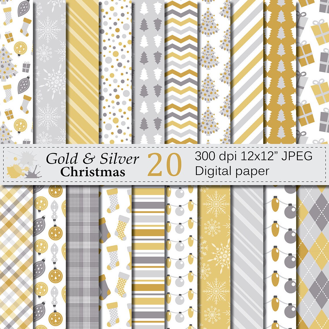 Gold and Silver Christmas Digital Paper Set, Christmas Digital Papers ...