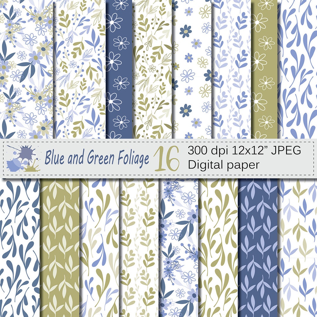 Seamless Blue and Green Hand Drawn Flowers and Leaves Digital Paper ...
