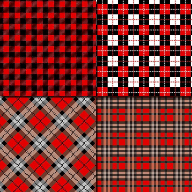 Black and Red Plaids Digital Paper Set, Buffalo Plaids Lumberjack ...