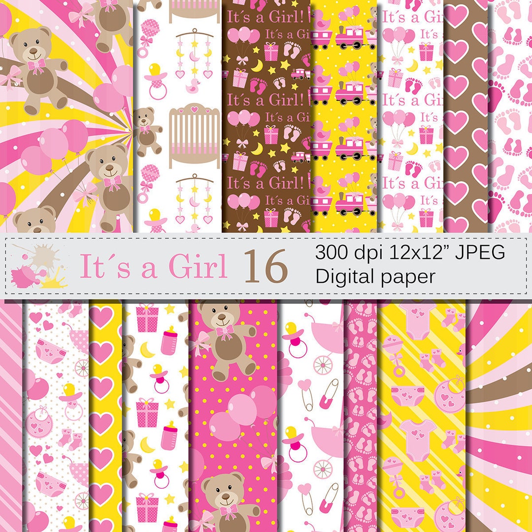 Its a Girl Digital Paper Set, Baby Girl Pink Digital Papers, Baby ...