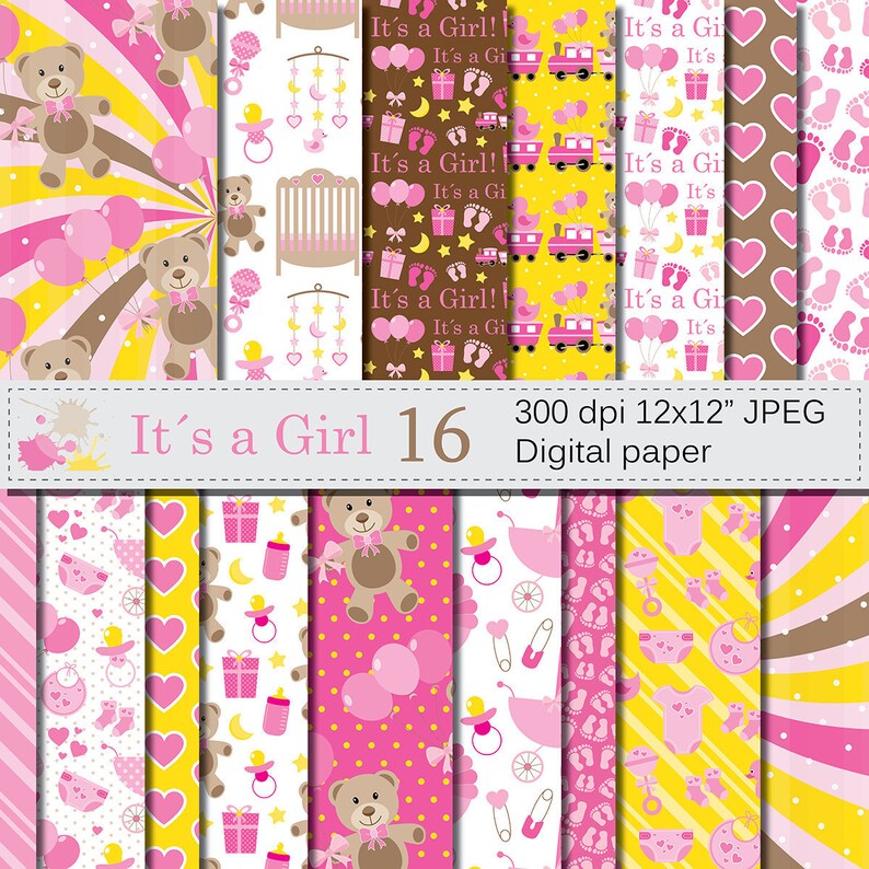 Its a Girl Digital Paper Set, Baby Girl Pink Digital Papers, Baby ...